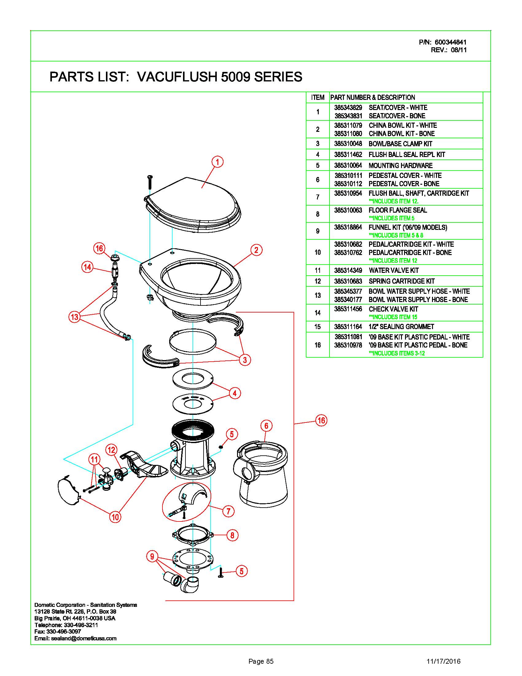 Sealand Dometic Vacuflush 5009 Toilet Spare Parts